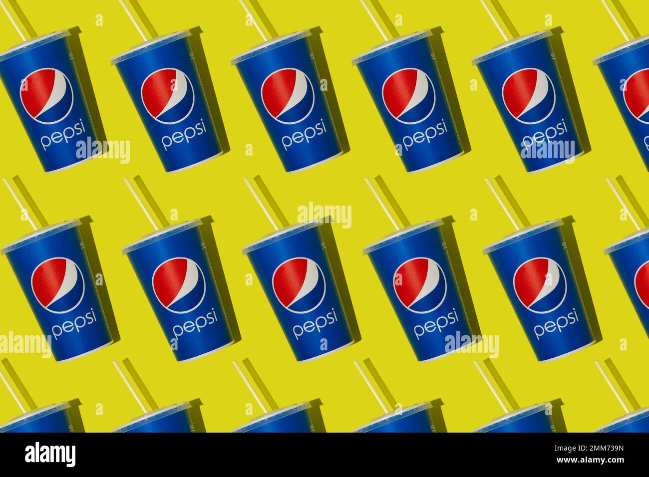 Blue paper glass with Pepsi. Takeaway carbonated drink in a cap and ...