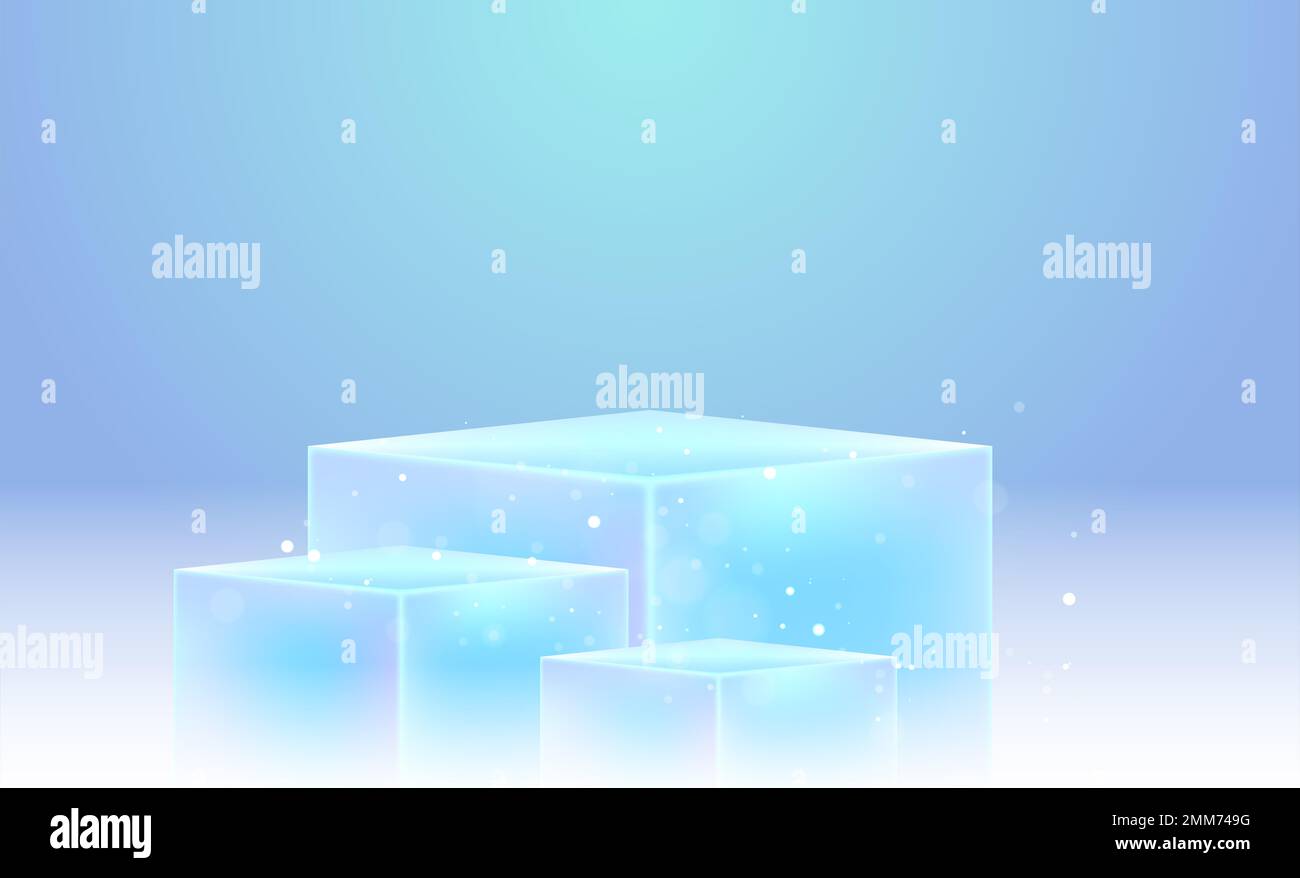 Empty light blue podium or pedestal. Three box stand for product ...