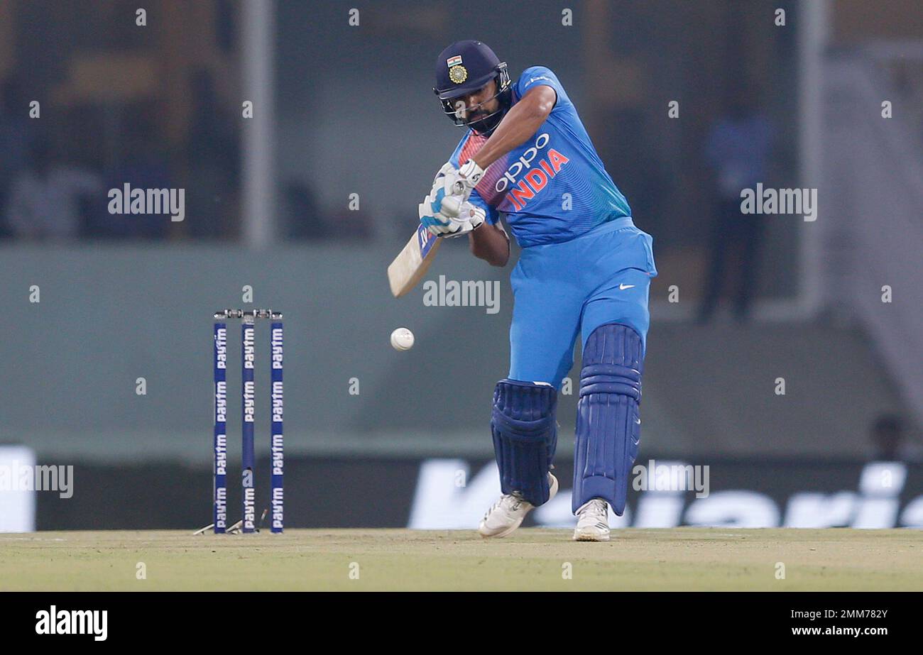India's Rohit Sharma hits a six during the second Twenty20 ...