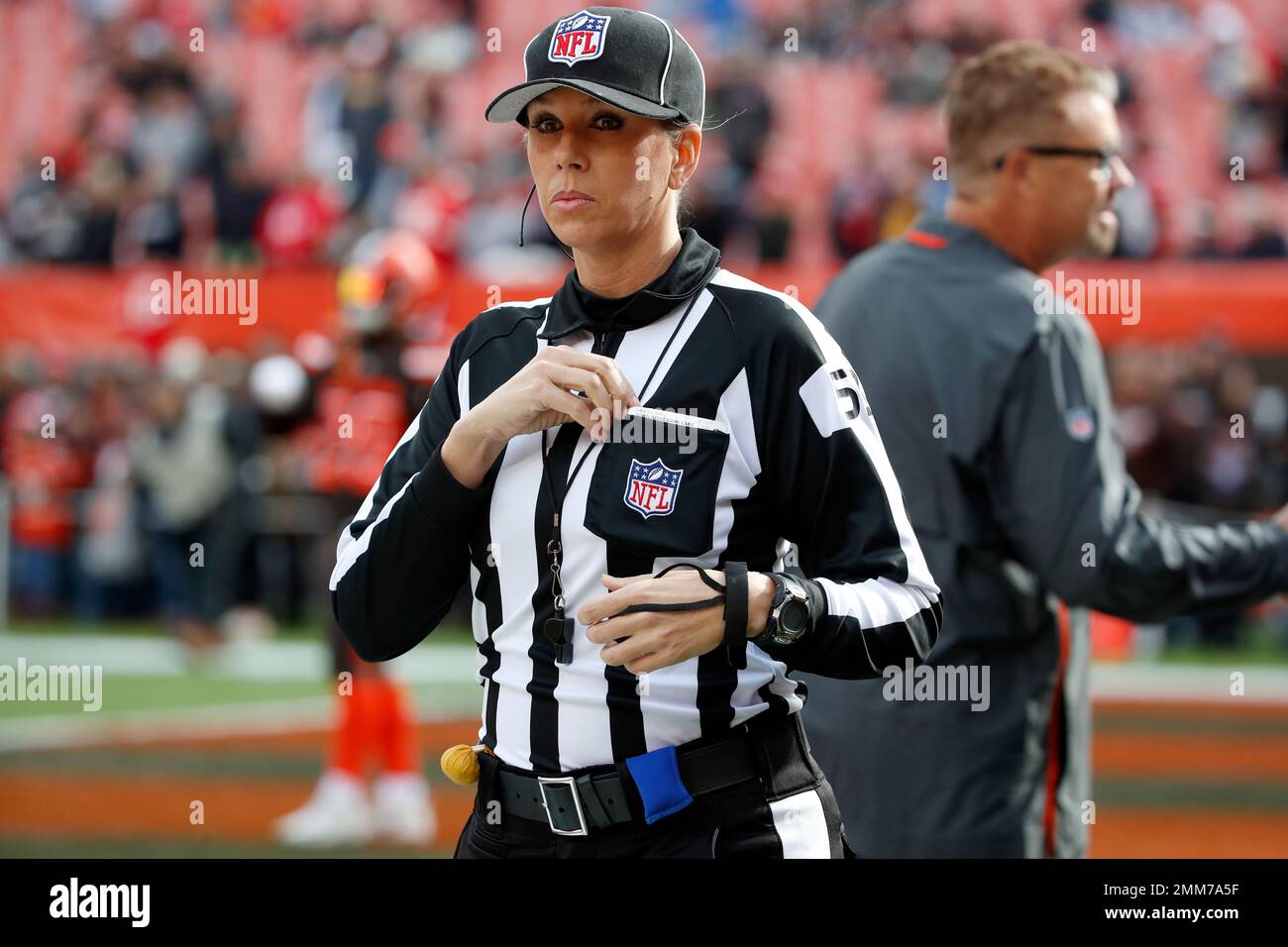 NFL line judge Sarah Thomas (53) walks the sidelines before an NFL ...