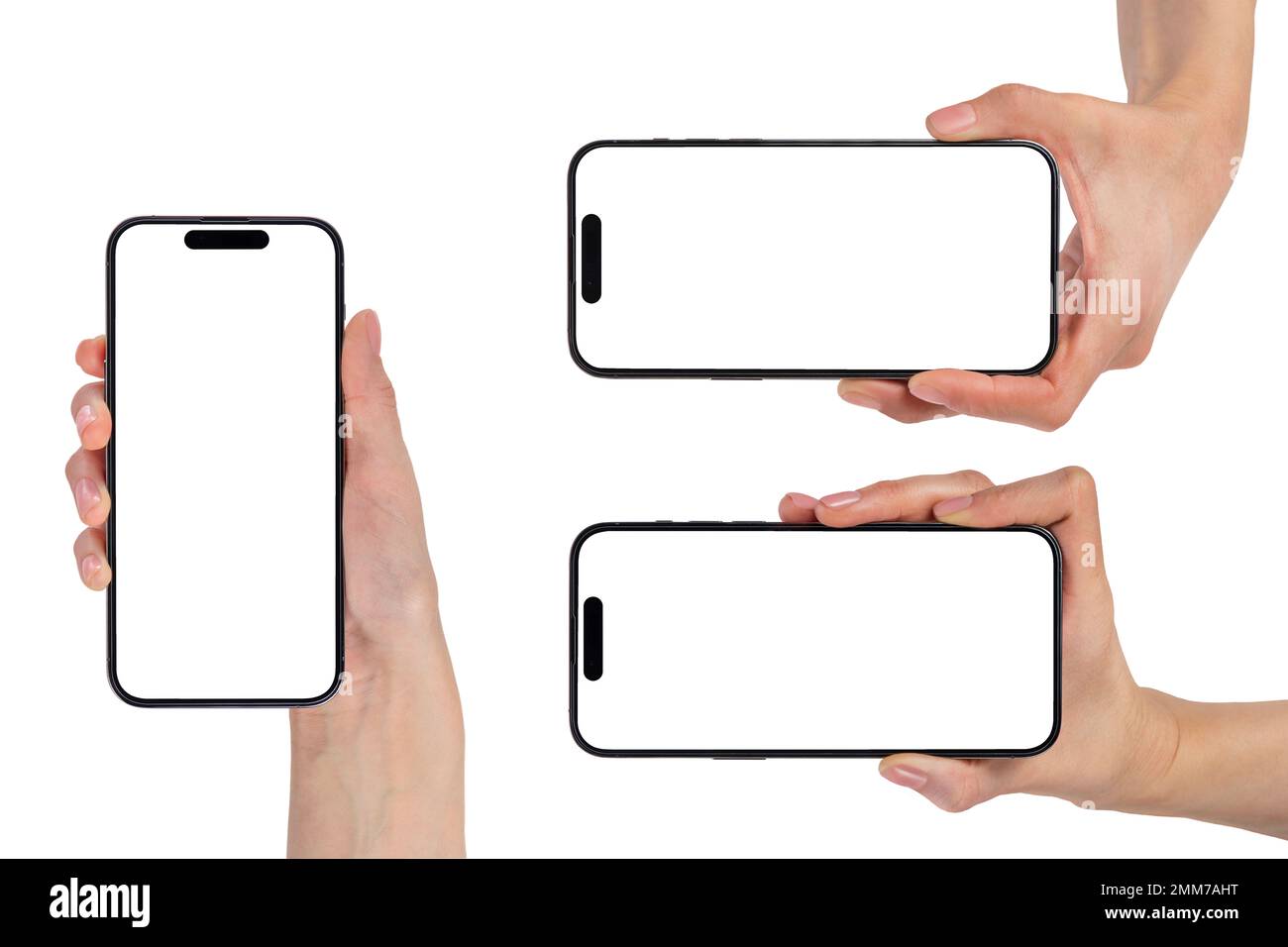 Phone in hand, set. Modern, new phone in hand isolated on white ...