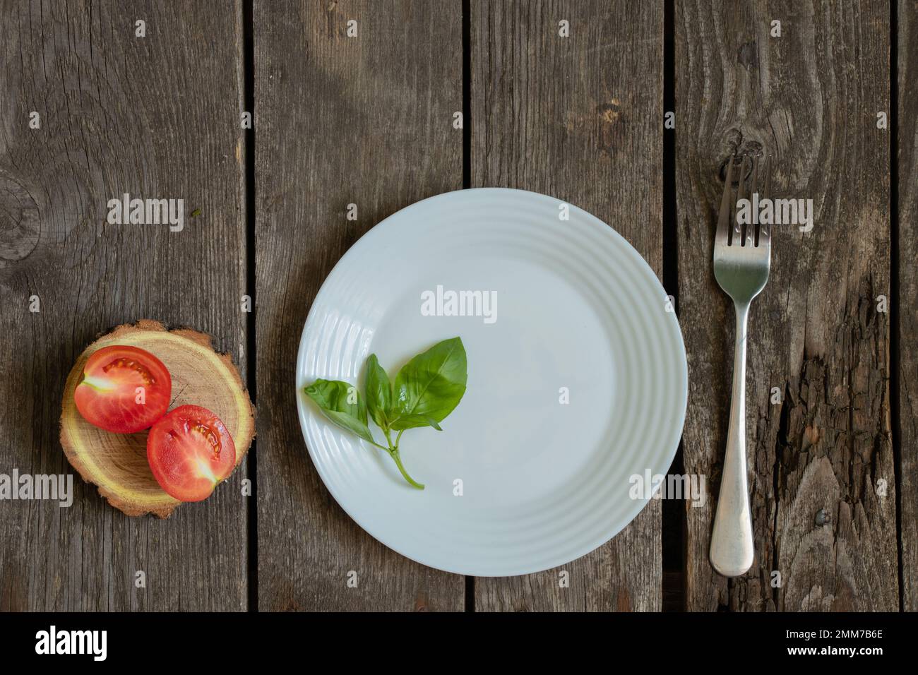 a clean empty plate and fork with a sprig of basil and a tomato stands ...