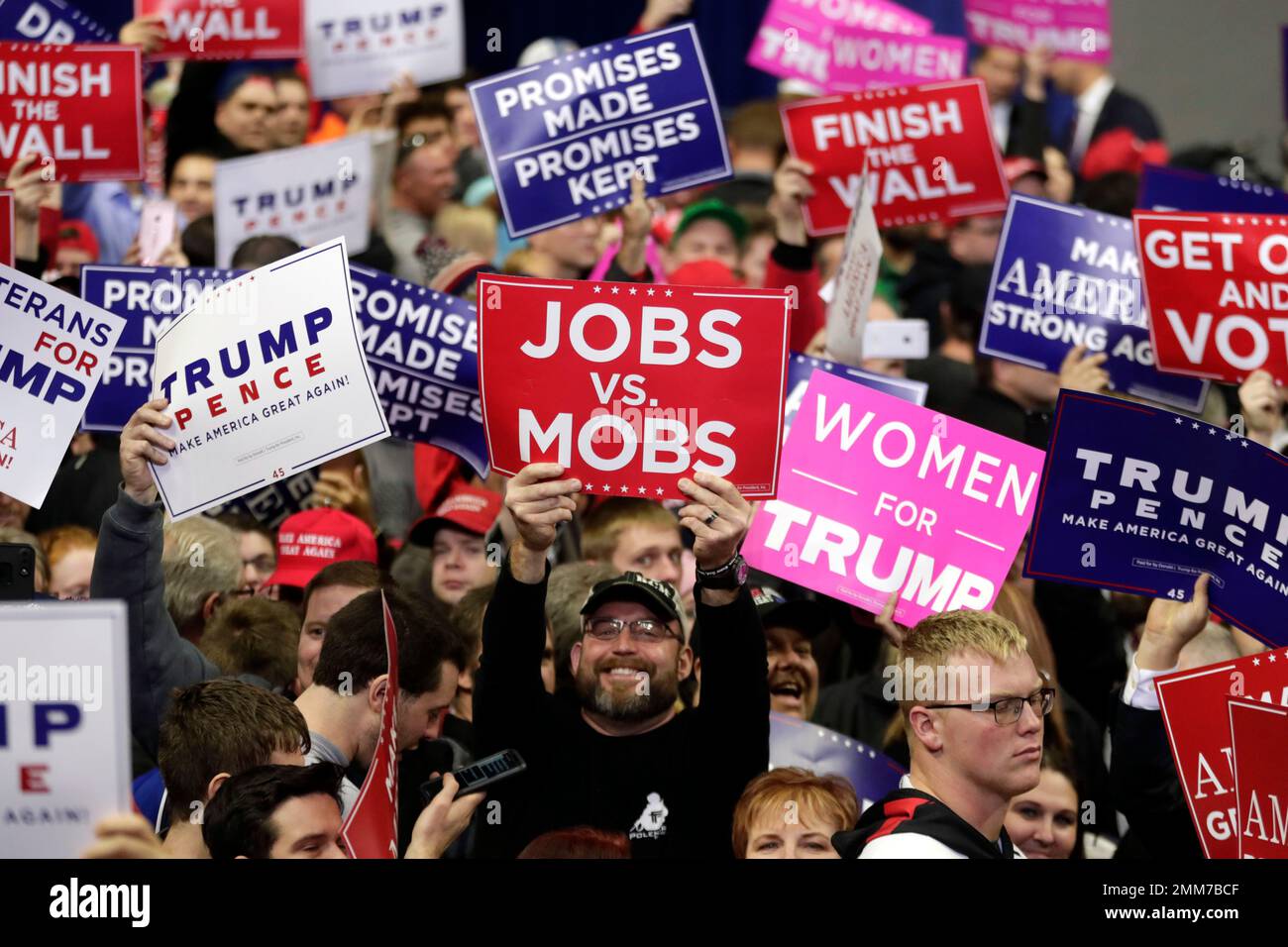 Signs are shown during a campaign rally featuring President Donald ...