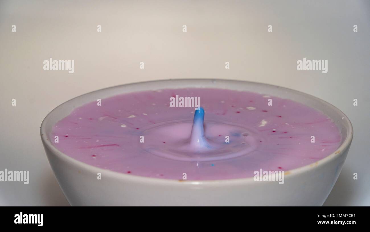 Color fresh blue milk drops into white milk in cup with light gray ...