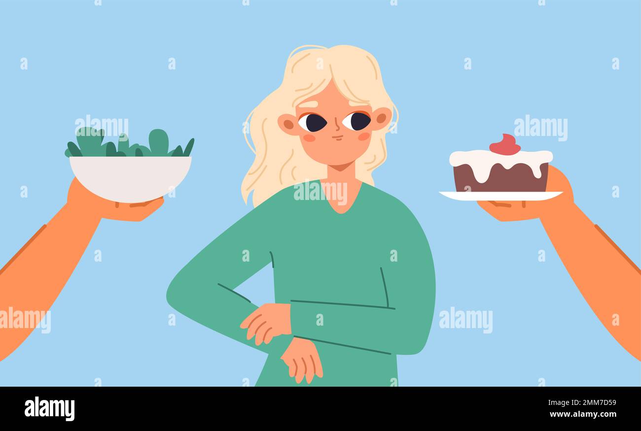 Difficult choice between healthy food and dessert. Salad or cake, self ...