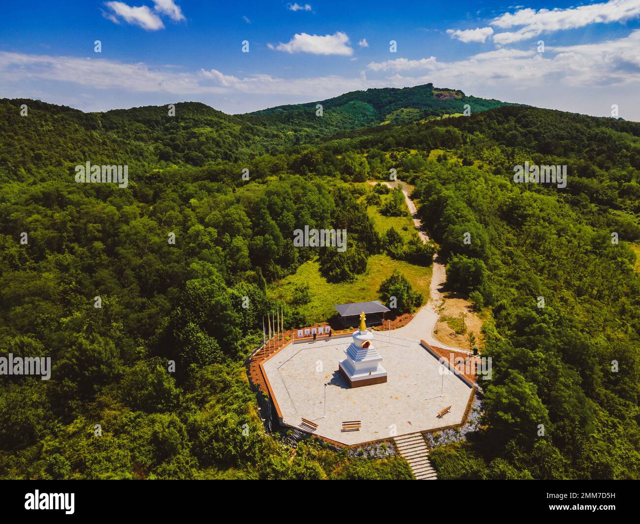Aerial view of a small Buddhist stupa in the Cserhát mountains, in a ...