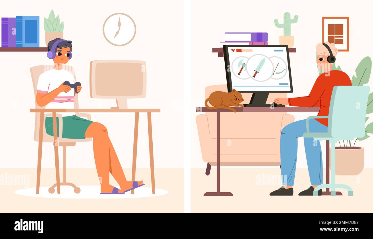 Gamers battle from homes. Teens game addiction, boys play computers in ...