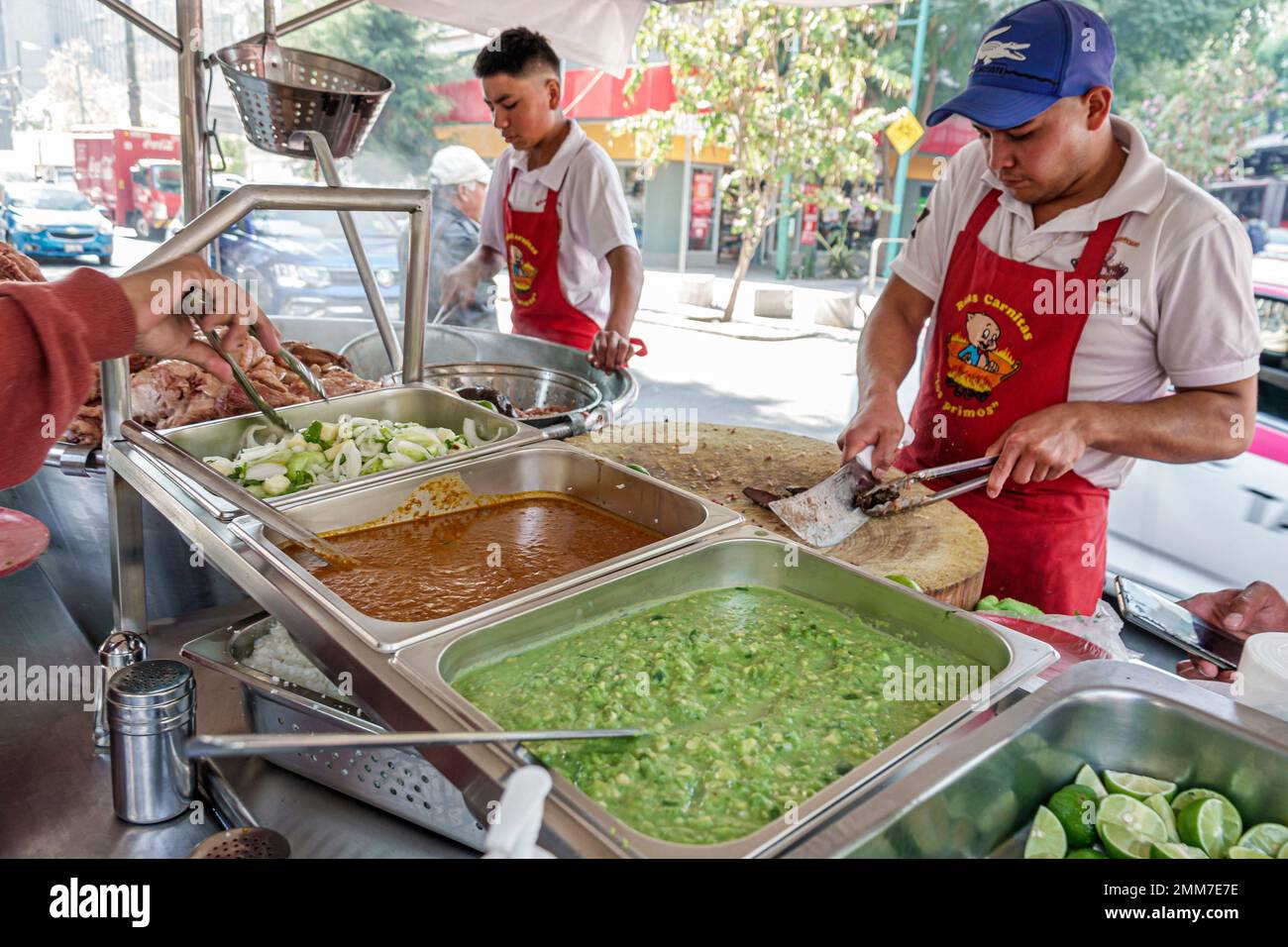 Mexico City,Avenida Paseo de la Reforma,street food vendor,cook cooking preparing,carnitas tacos ...