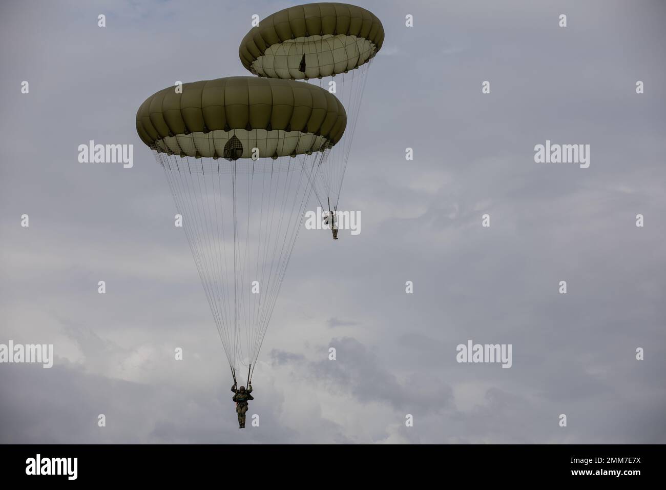 Two German Paratroopers conduct an Airborne jump out of a C-130 ...