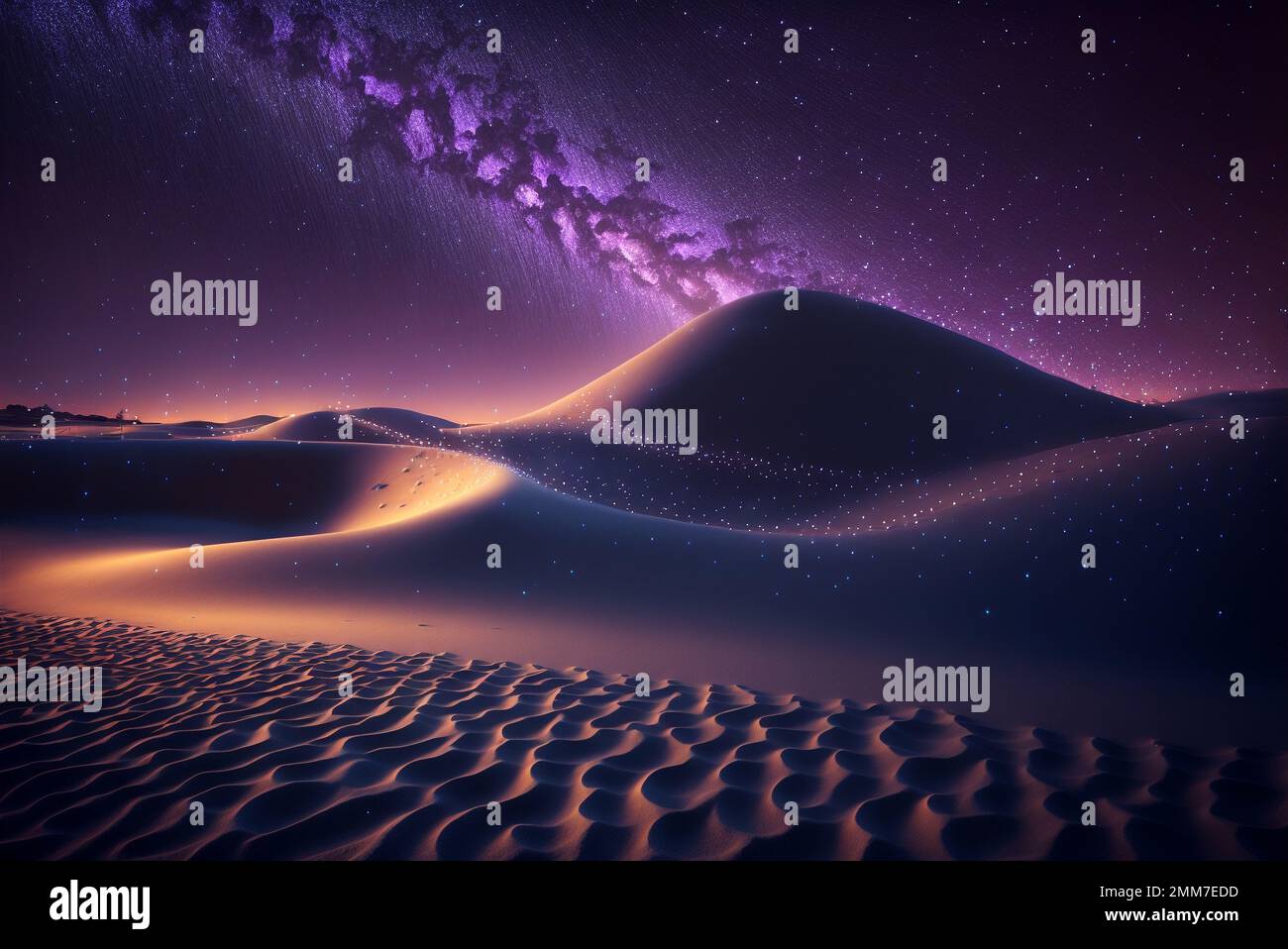 Starry night in the desert with dunes, dark night sky with stars. Milky ...