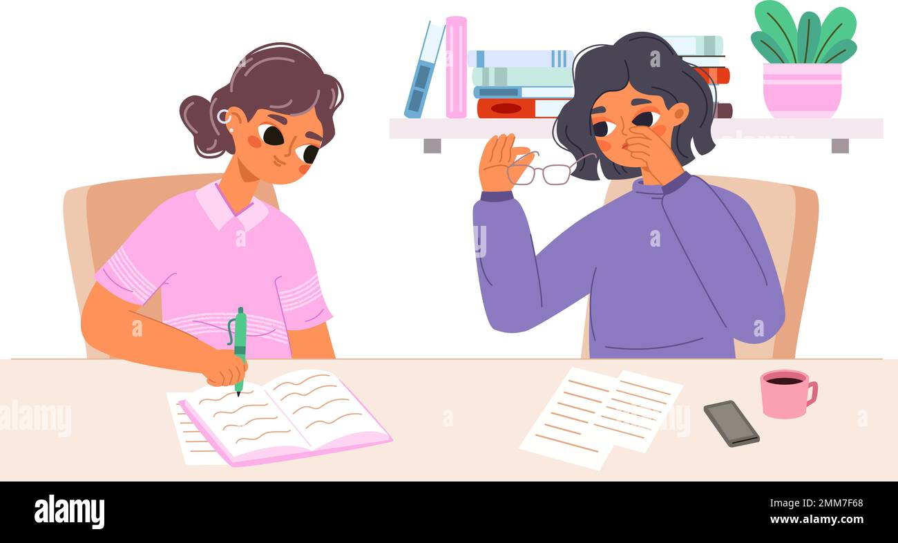 Teacher and student. Study at home, tutor teaching young girl teenager ...