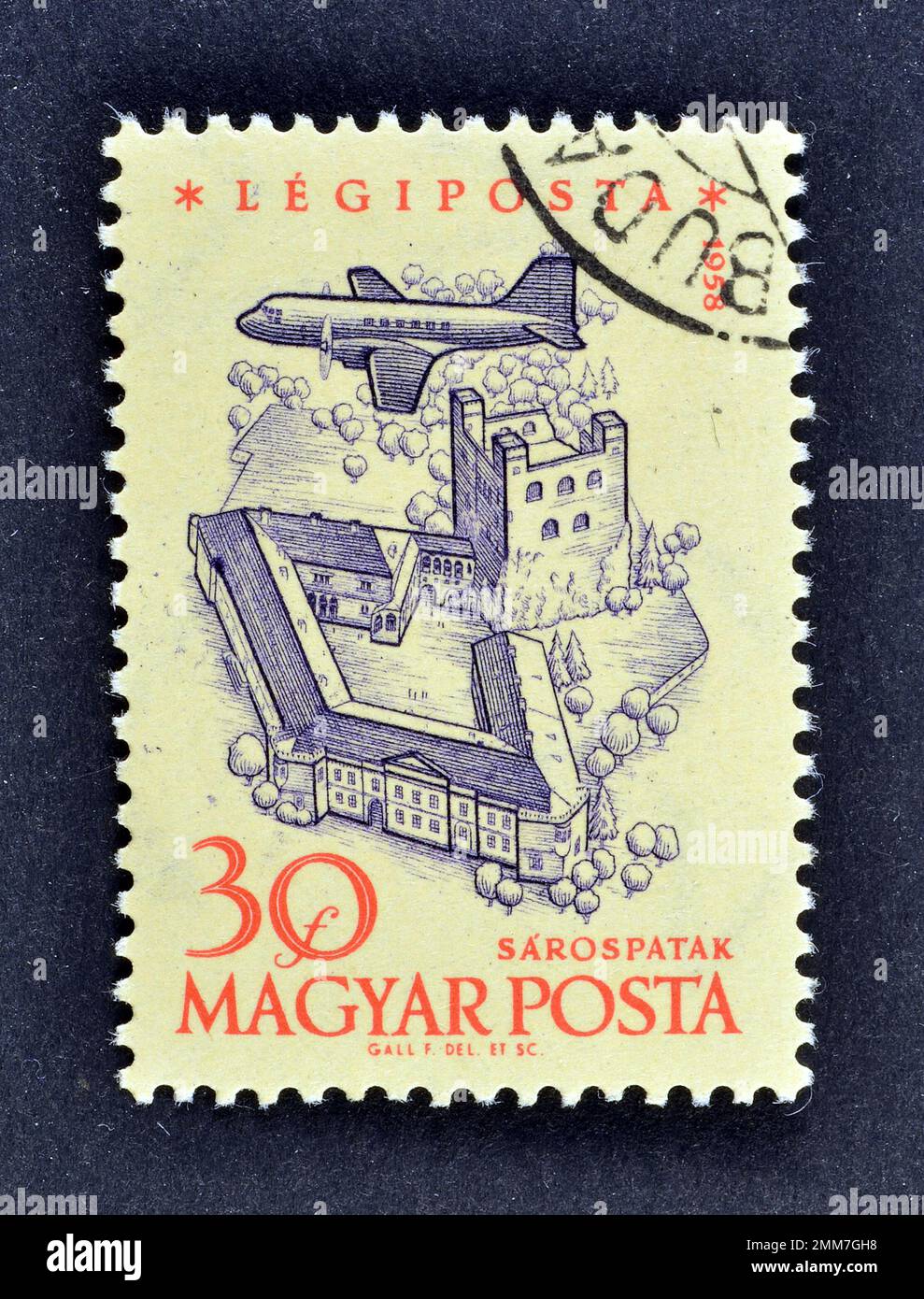 Cancelled postage stamp printed by Hungary, that shows Airliner over ...