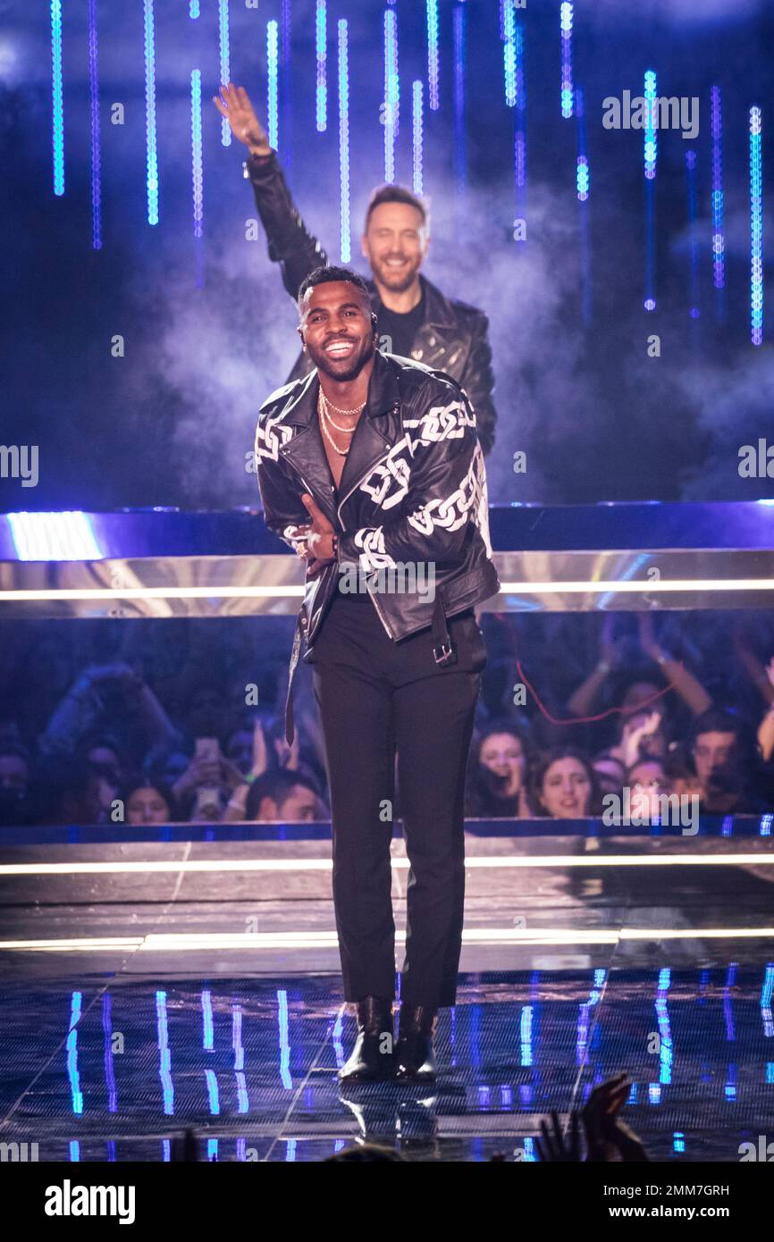 Singer Jason Derulo performs with DJ David Guetta during the European ...