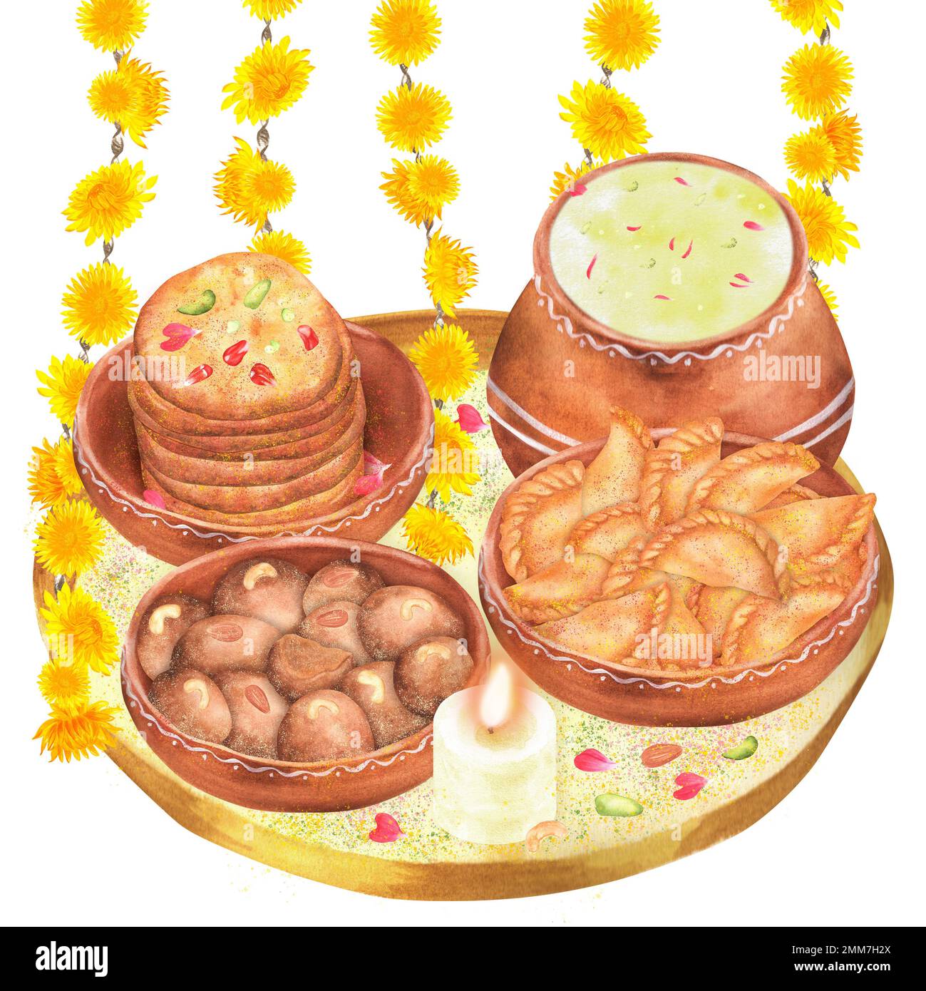 Hand-drawn watercolor Holi composition with floral garlands and ...