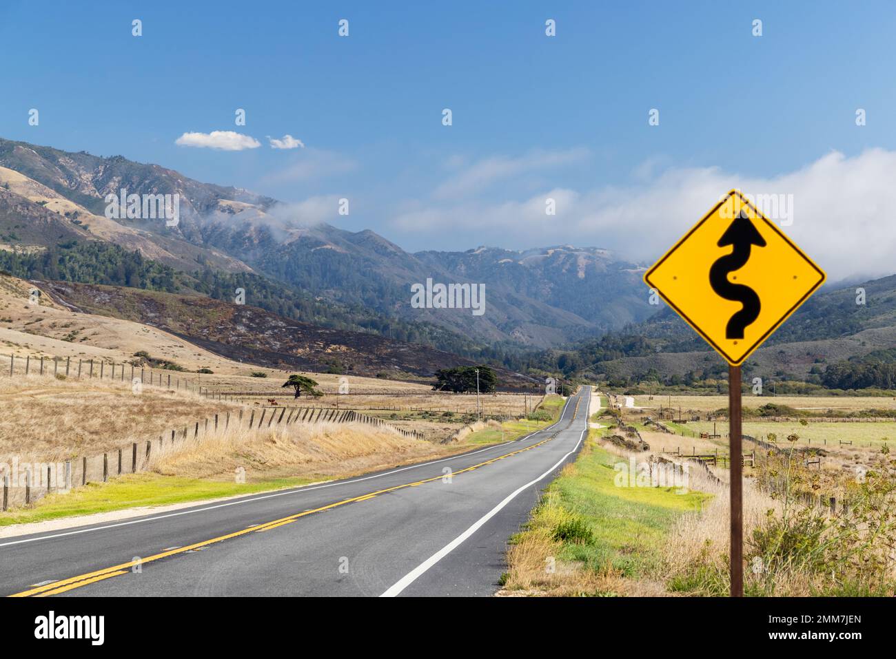 Asphalt road, road sign and country landscape with sunny sky ...