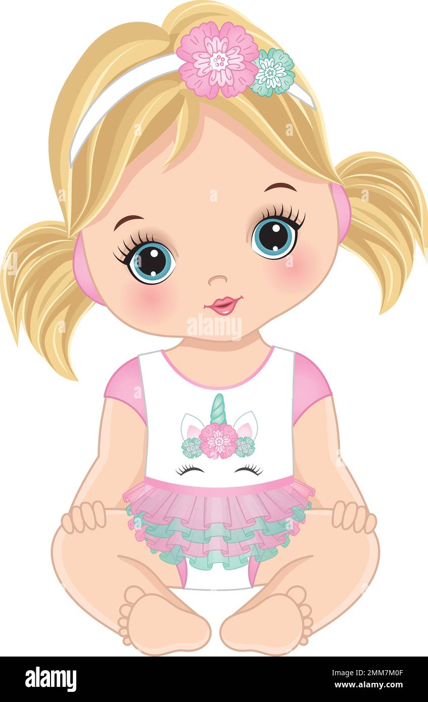 Cute Baby Girl Wearing Unicorn Dress and Floral Headband. Vector ...