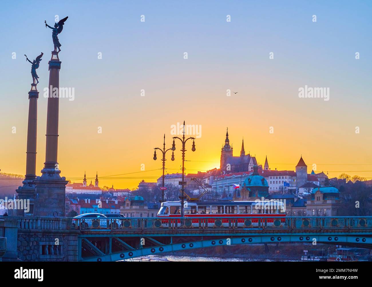 High columns with Art Nouveau sculptures on Svatopluk Cech Bridge in ...