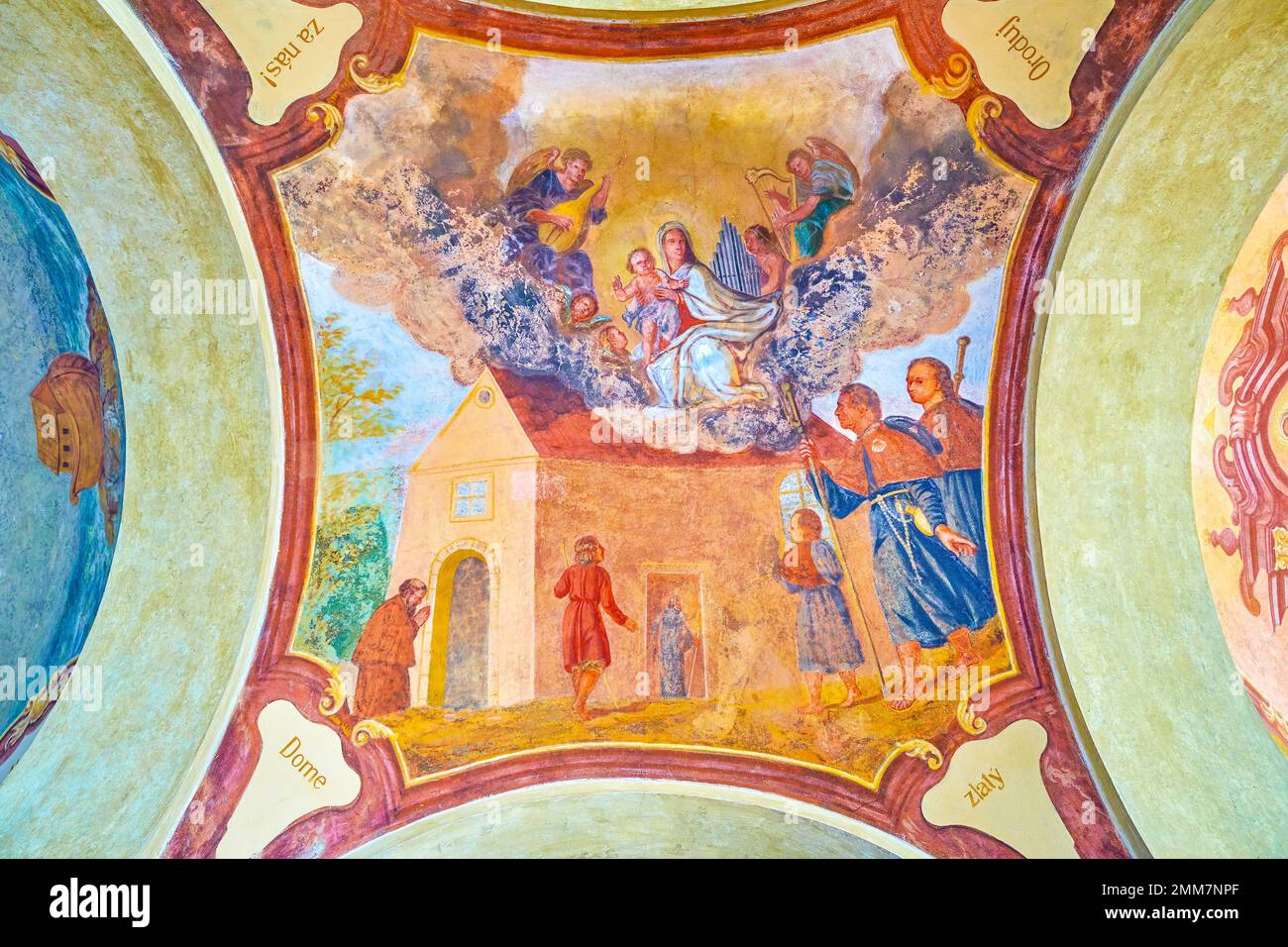 Medieval colorful frescoe on the Bible theme on ht eceiling of the ...