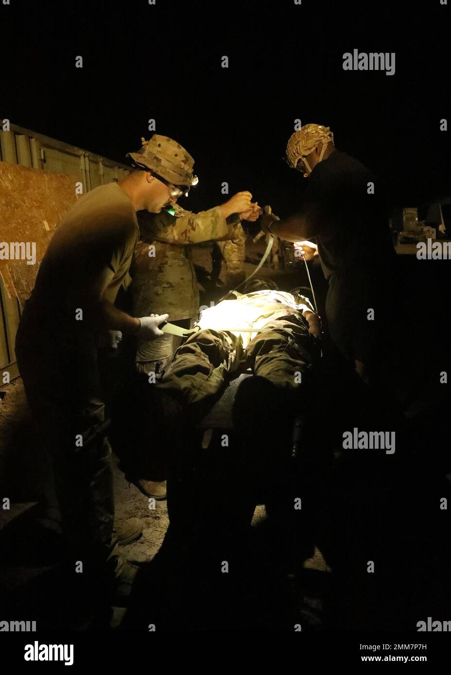 U.S. Army Soldiers assigned to the 14th Field Hospital evaluate a ...
