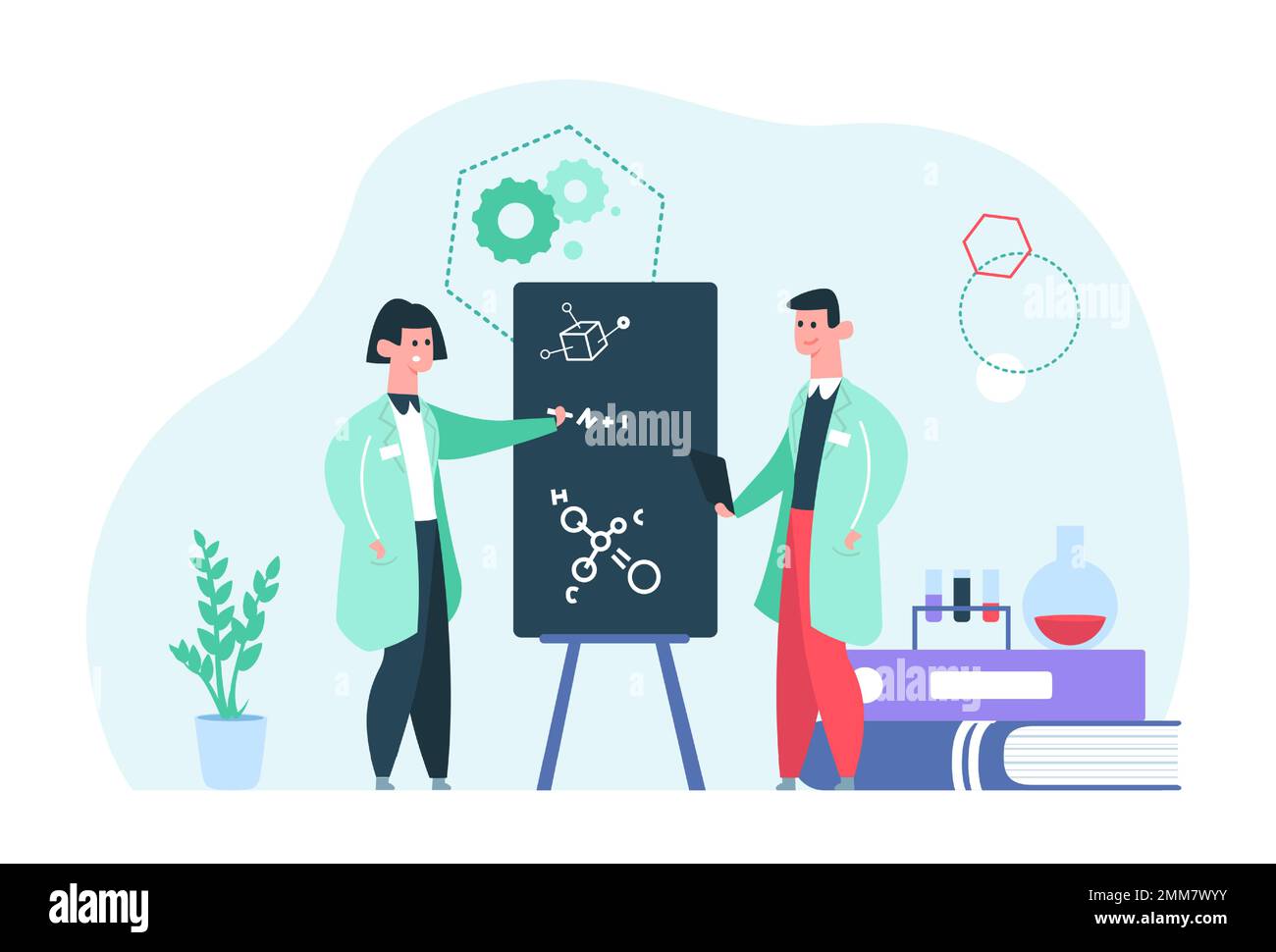 Scientist study. Man and woman working in laboratory, writing on board ...