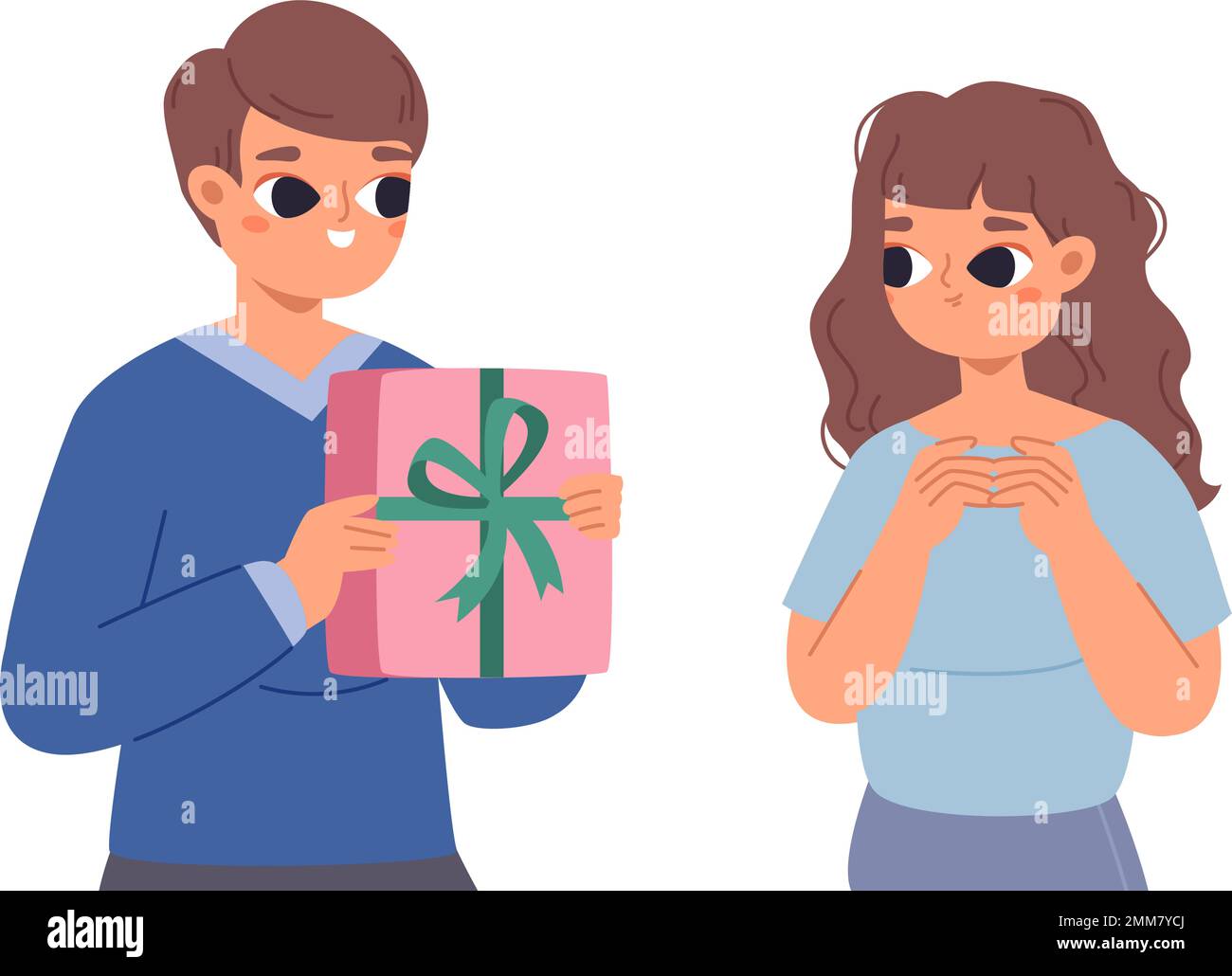 Boy giving gift girl. Cute romantic couple meeting, birthday or ...