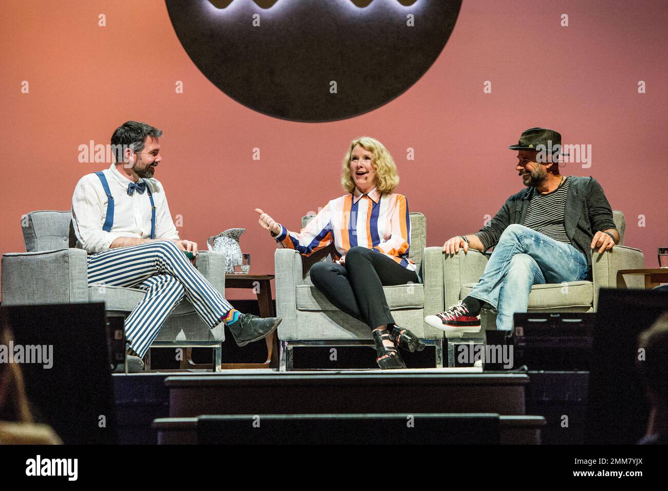 Brent Bushnell, from left, Marian Goodell and Guy Laliberté seen on day one of Summit LA18 in ...