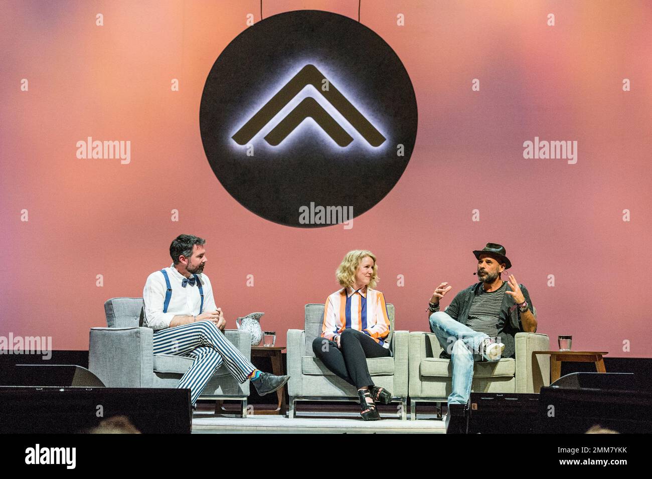 Brent Bushnell, from left, Marian Goodell and Guy Laliberté seen on day ...