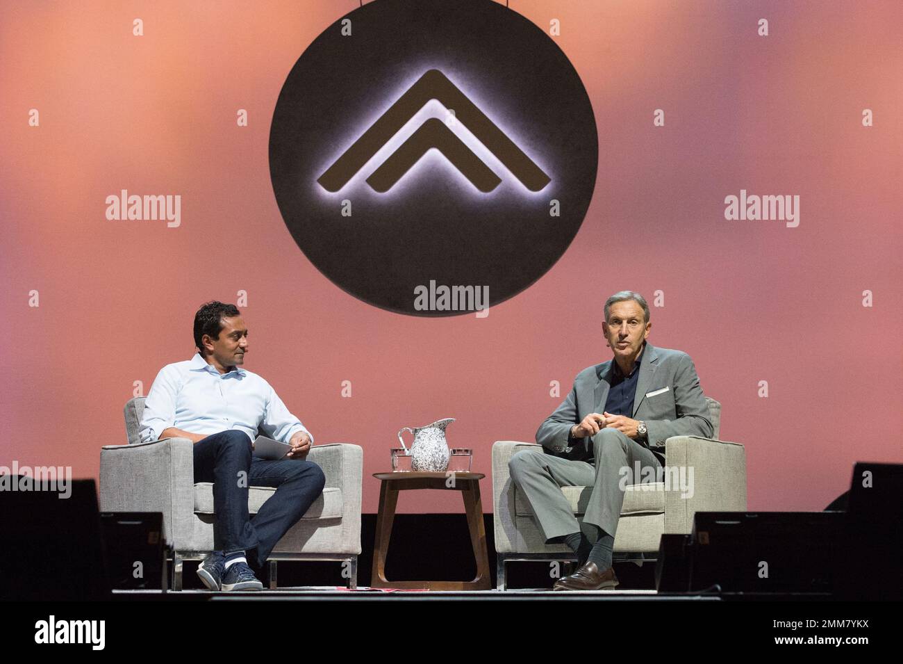 M Sanjayan, left, and Howard Schultz seen on day one of Summit LA18 in Downtown Los Angeles on ...