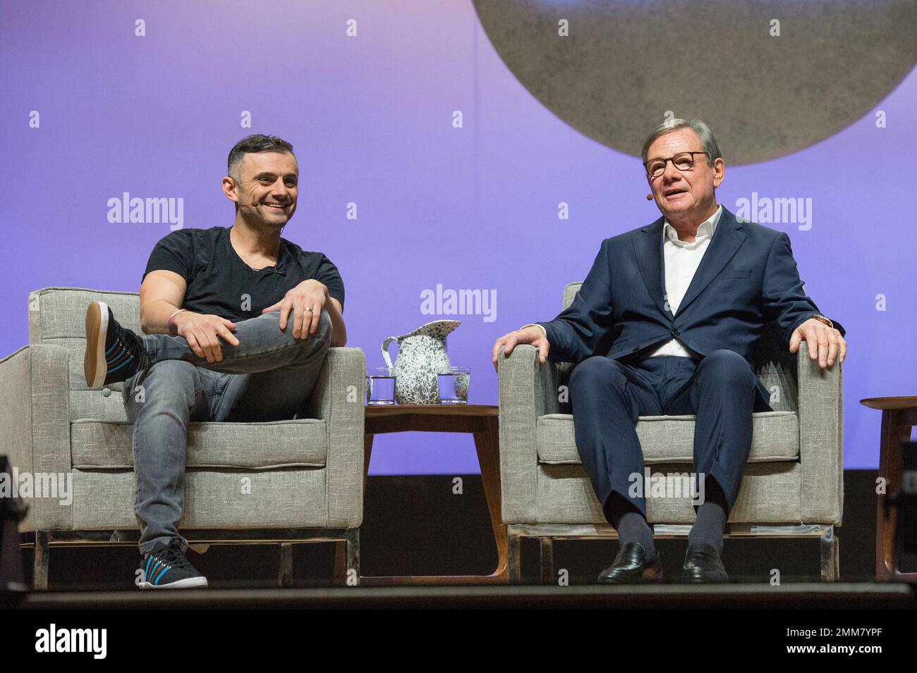 Gary Vaynerchuk, left, and Michael Ovitz seen on day one of Summit LA18 in Downtown Los Angeles ...