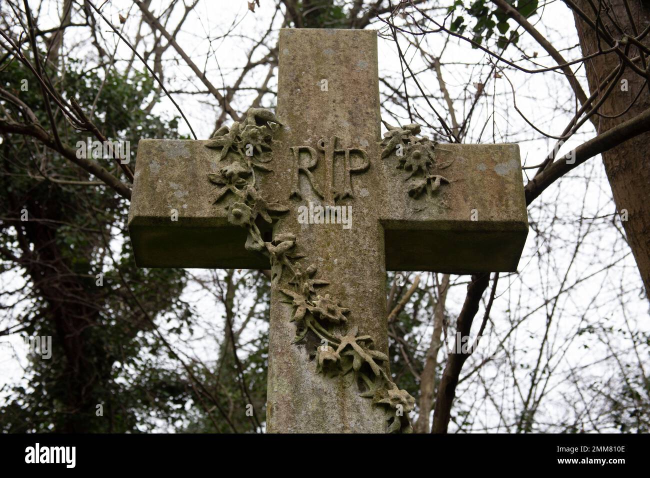 RIP on a carved ivy-covered cross headstone in Nunhead Cemetery, one of ...