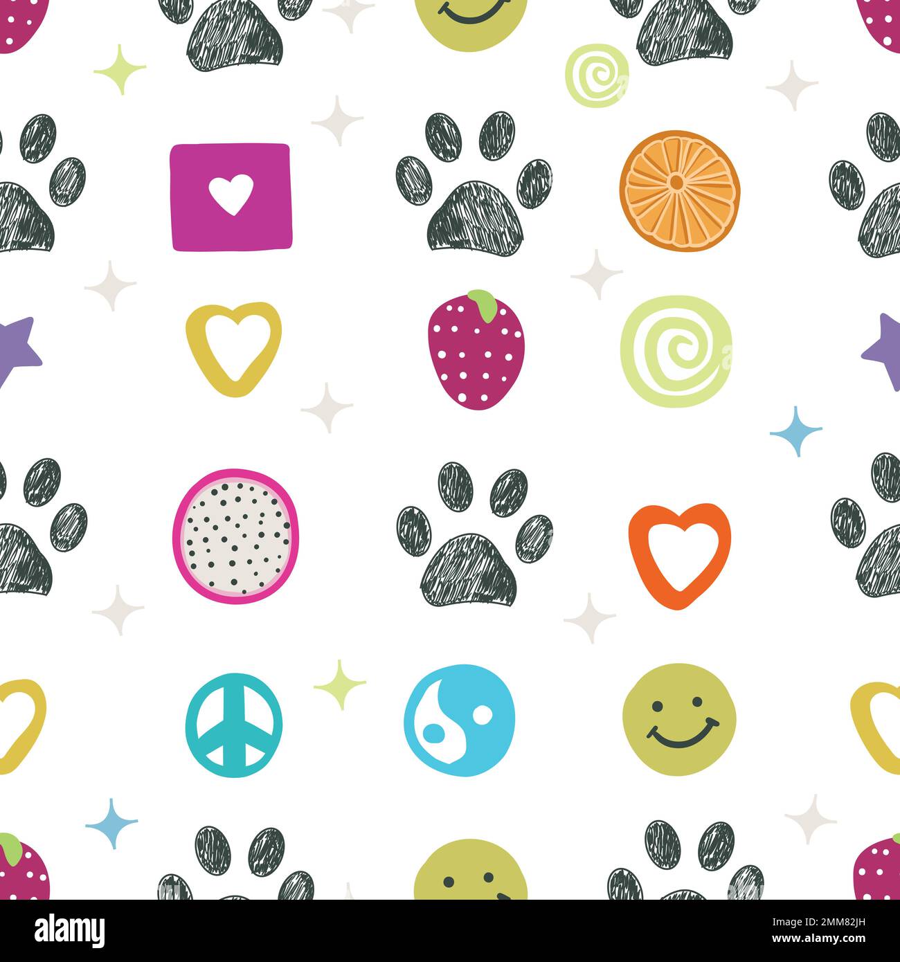 Funny 2000s symbols and paw prints seamless fabric pattern Stock Vector ...