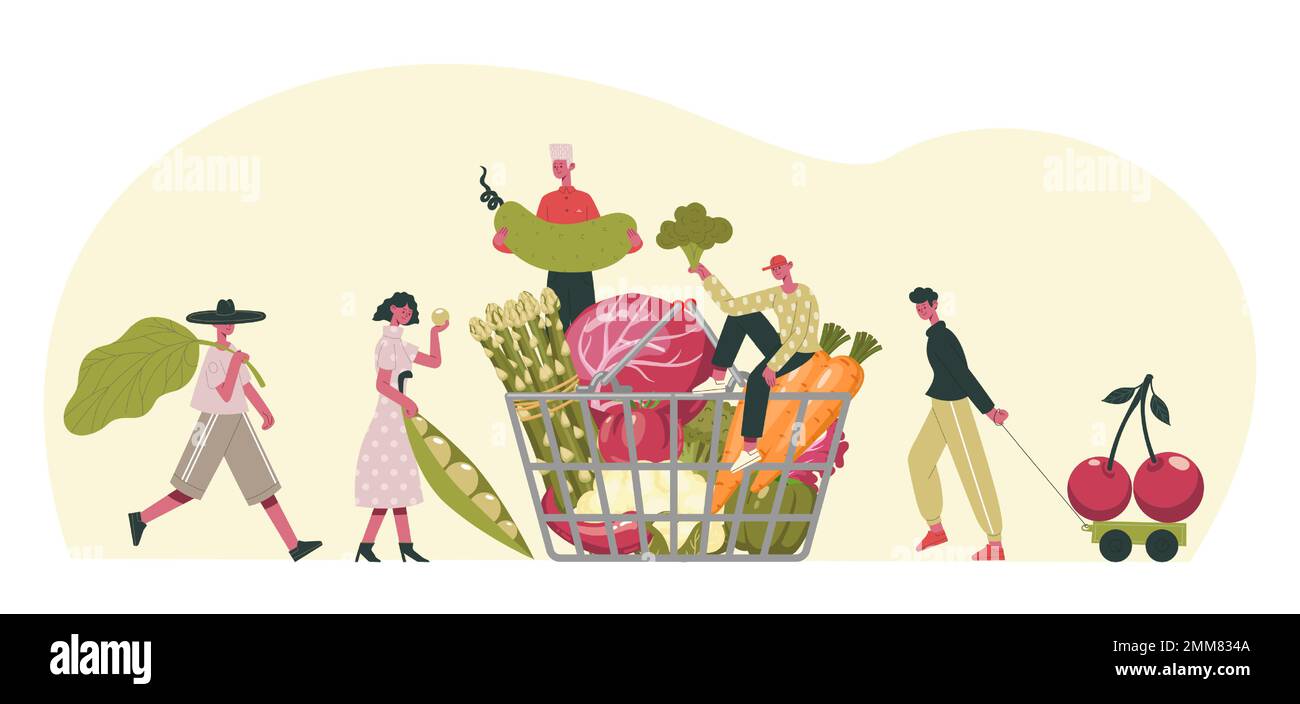 People carrying raw ingredients, vegetable fruits. Tiny female and male ...