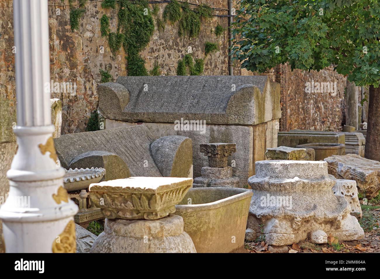 Old stones artefacts in front of archaeology museum in Istanbul Turkey ...