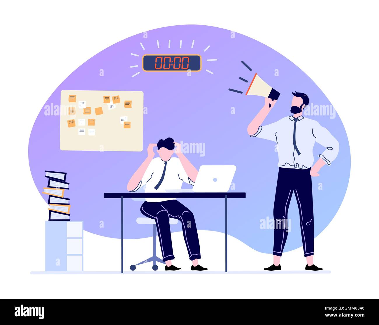 Time management concept. Manager with loudspeaker having pressure on ...