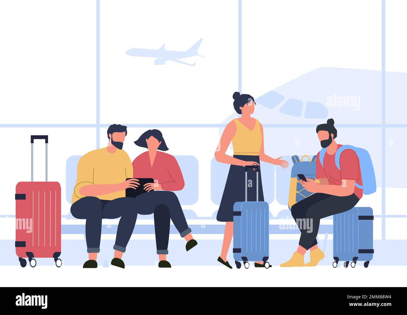 Tourists in airport. Young couples traveling with luggage, people ...