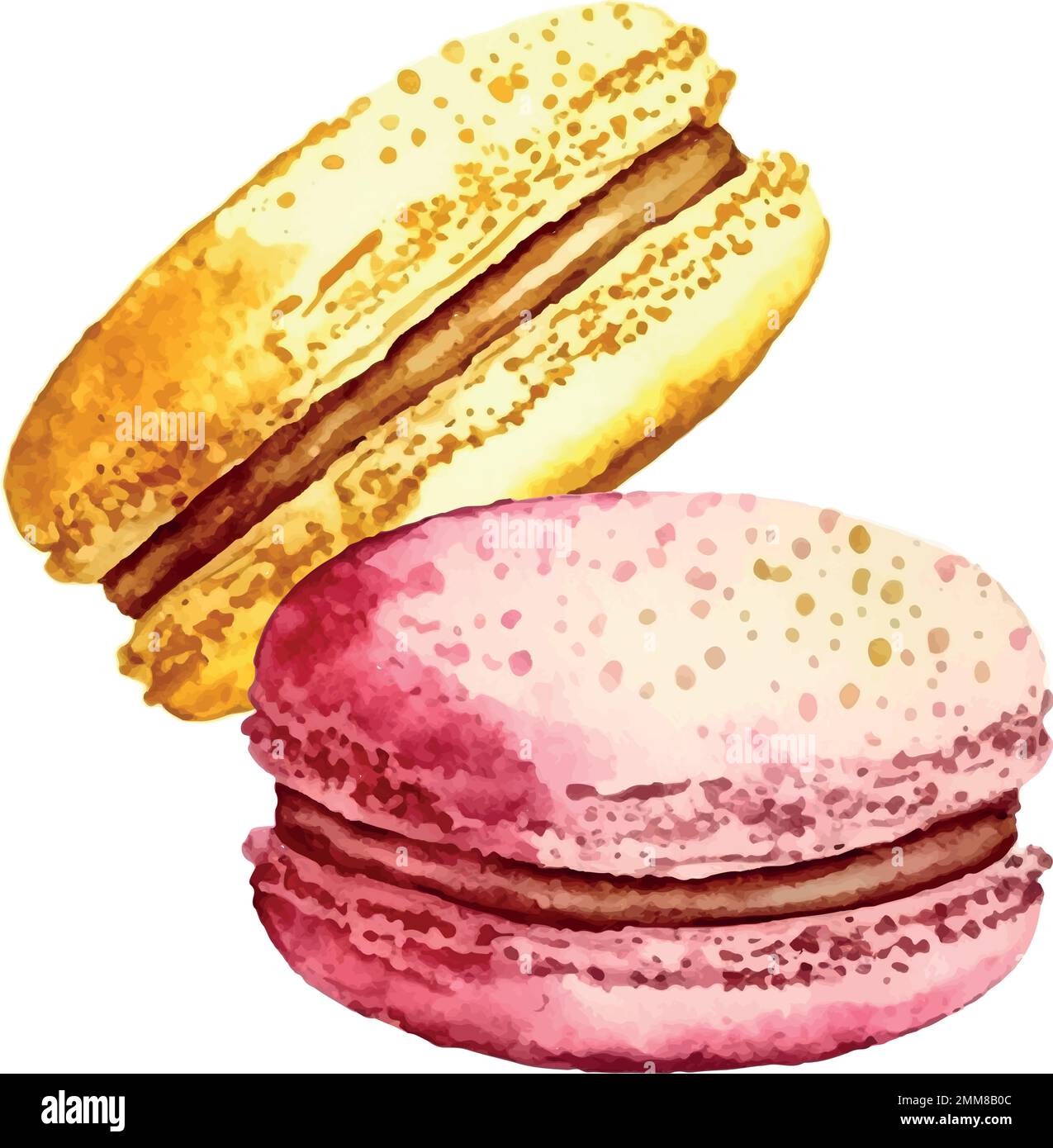 Watercolor image of blue macaroon decorated with bright pink daisy ...