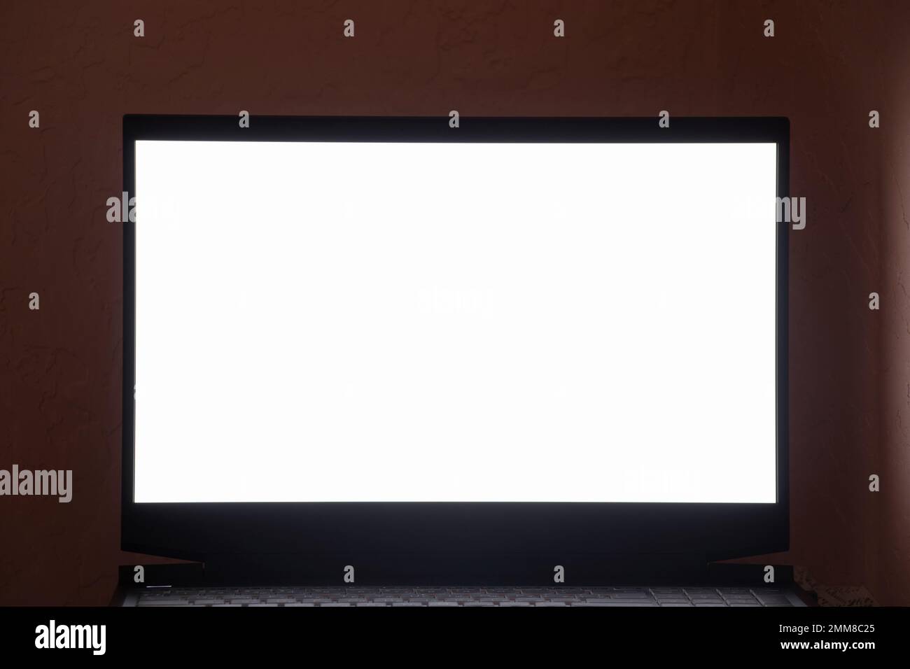 laptop with white screen stands at work place on table at home, laptop ...