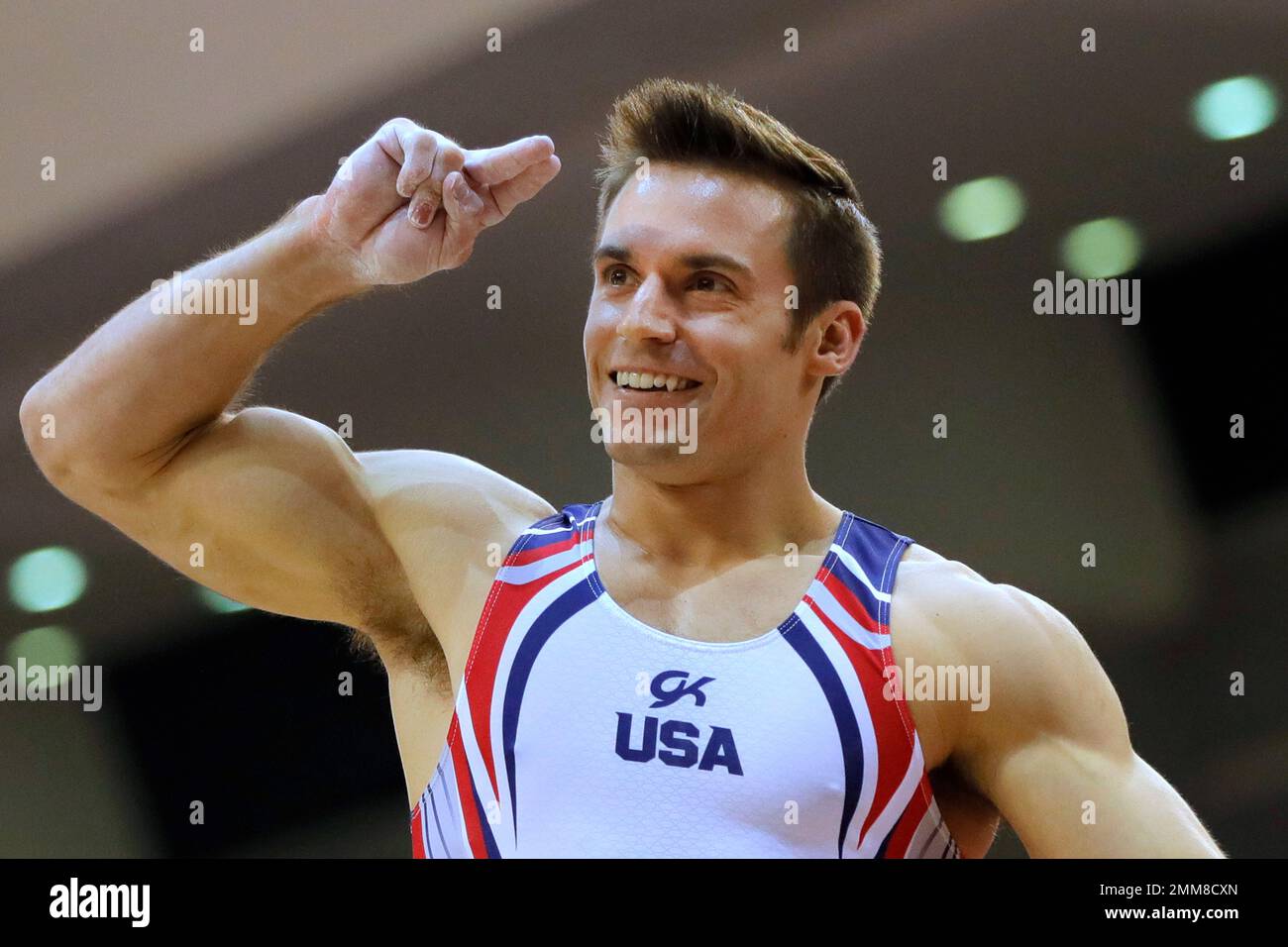 Samuel Mikulak of the U.S. celebrates after his performance on the ...