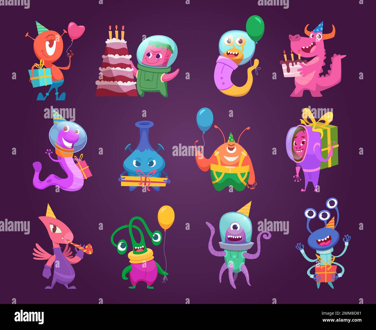 Funny aliens. Space cartoon characters with balloons exact vector party ...