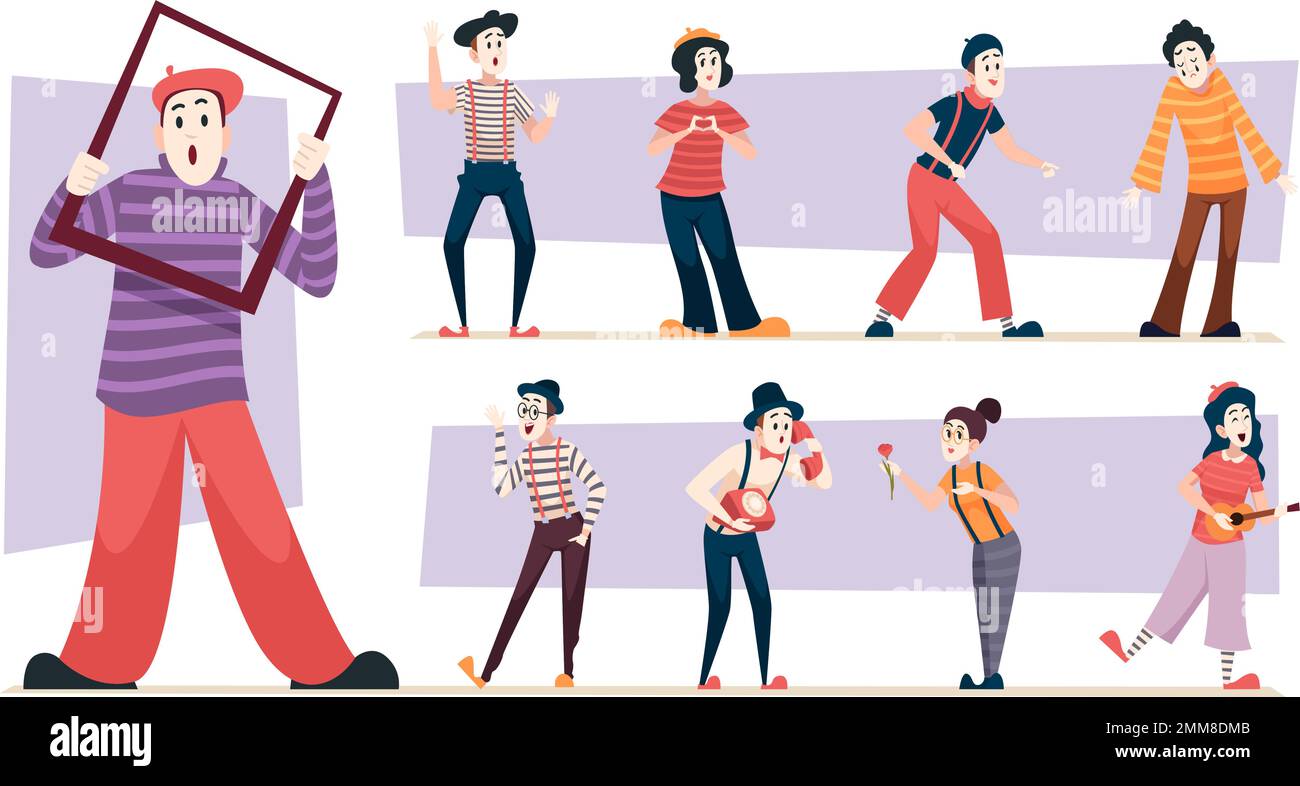 Mime artists. Street actors comedian show theatrical mime people in ...