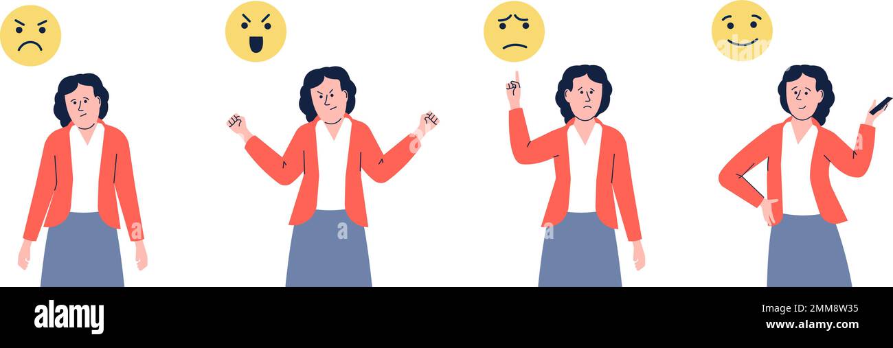 Woman various emotions and emotional yellow faces. Female business ...