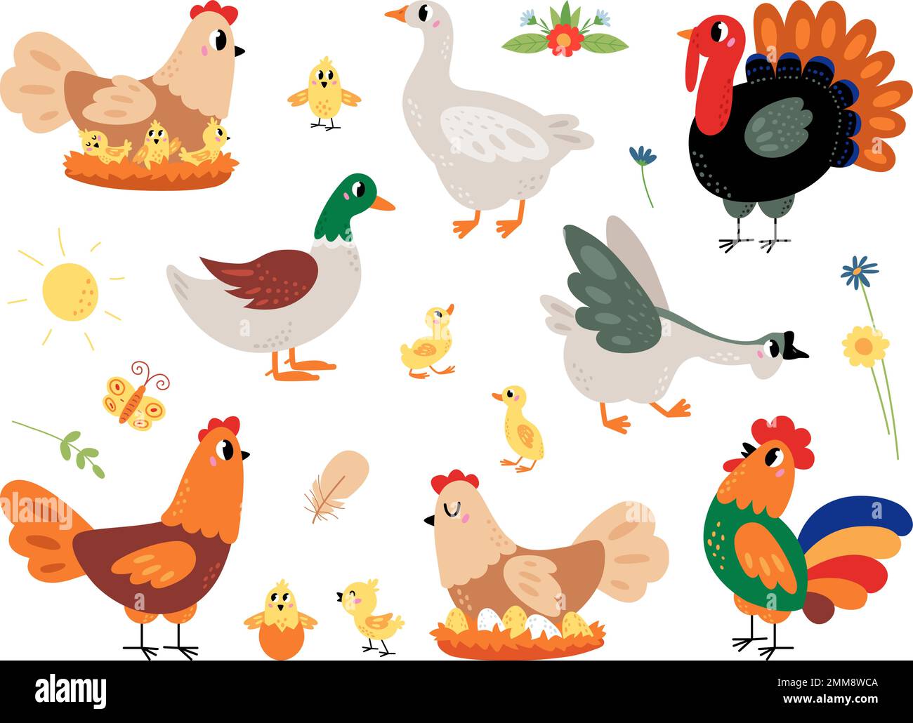 Farm cartoon birds set, walking funny chick and duck. Small chicken and ducklings, pretty hen ...