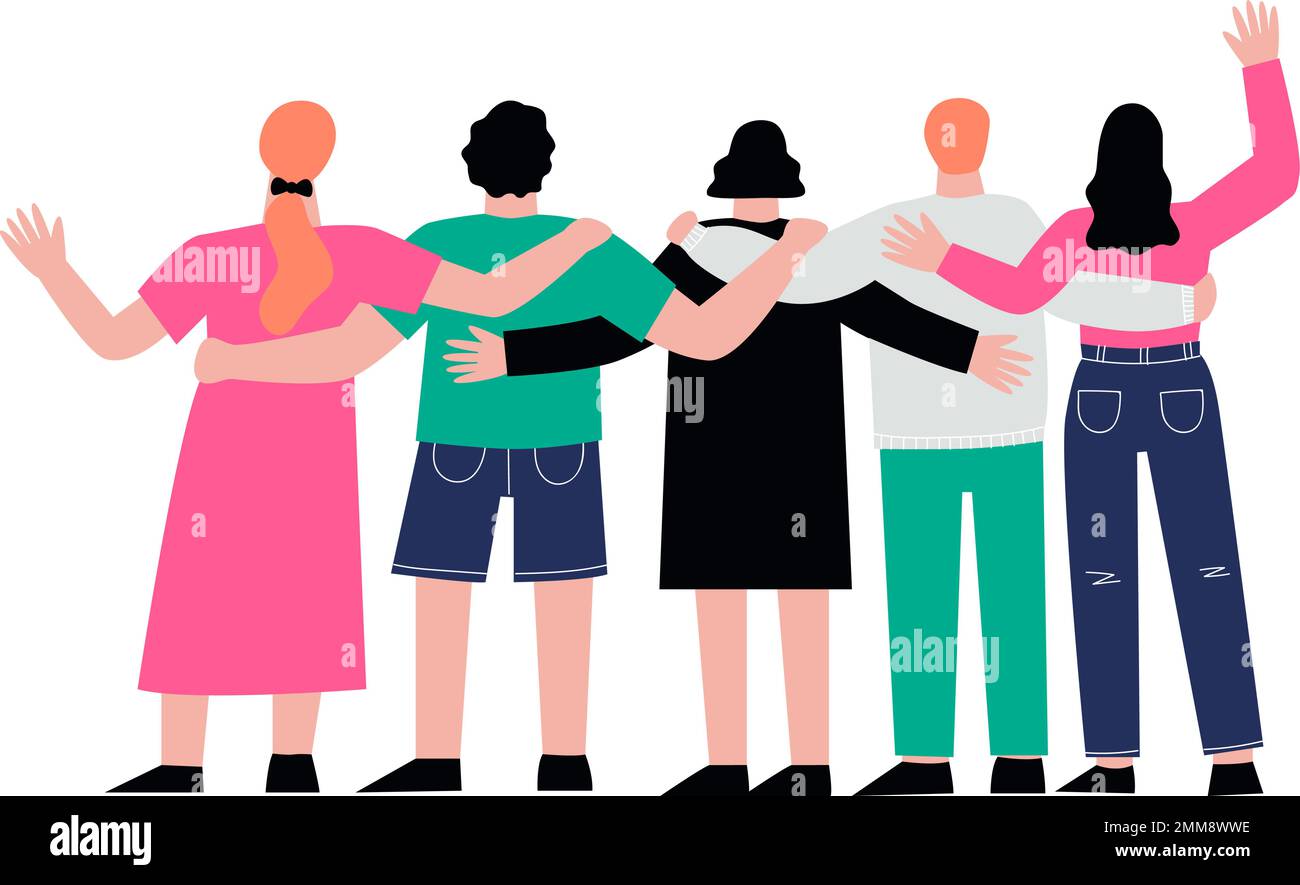 Friendship concept, back friends hugging. Reunion people, stand backs ...