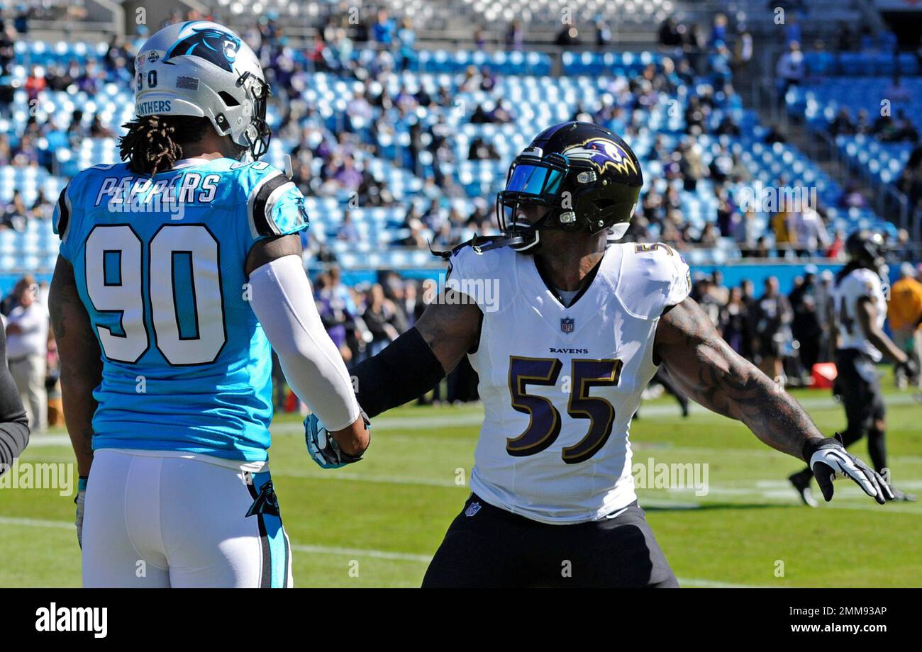 Carolina Panthers' Julius Peppers (90) greets Baltimore Ravens' Terrell ...