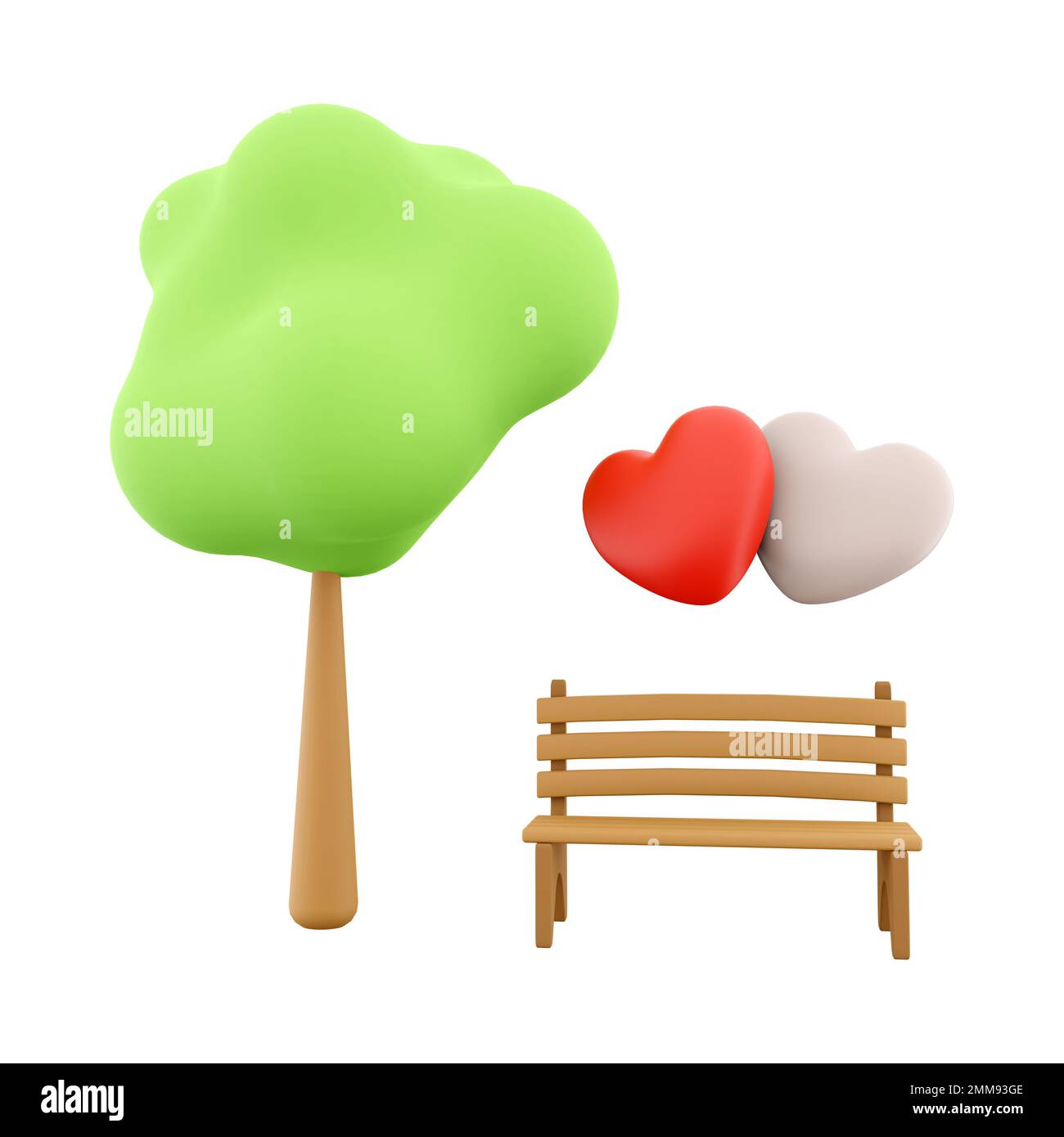 3d rendering icon two loving hearts on a bench near a tree. 3d render ...