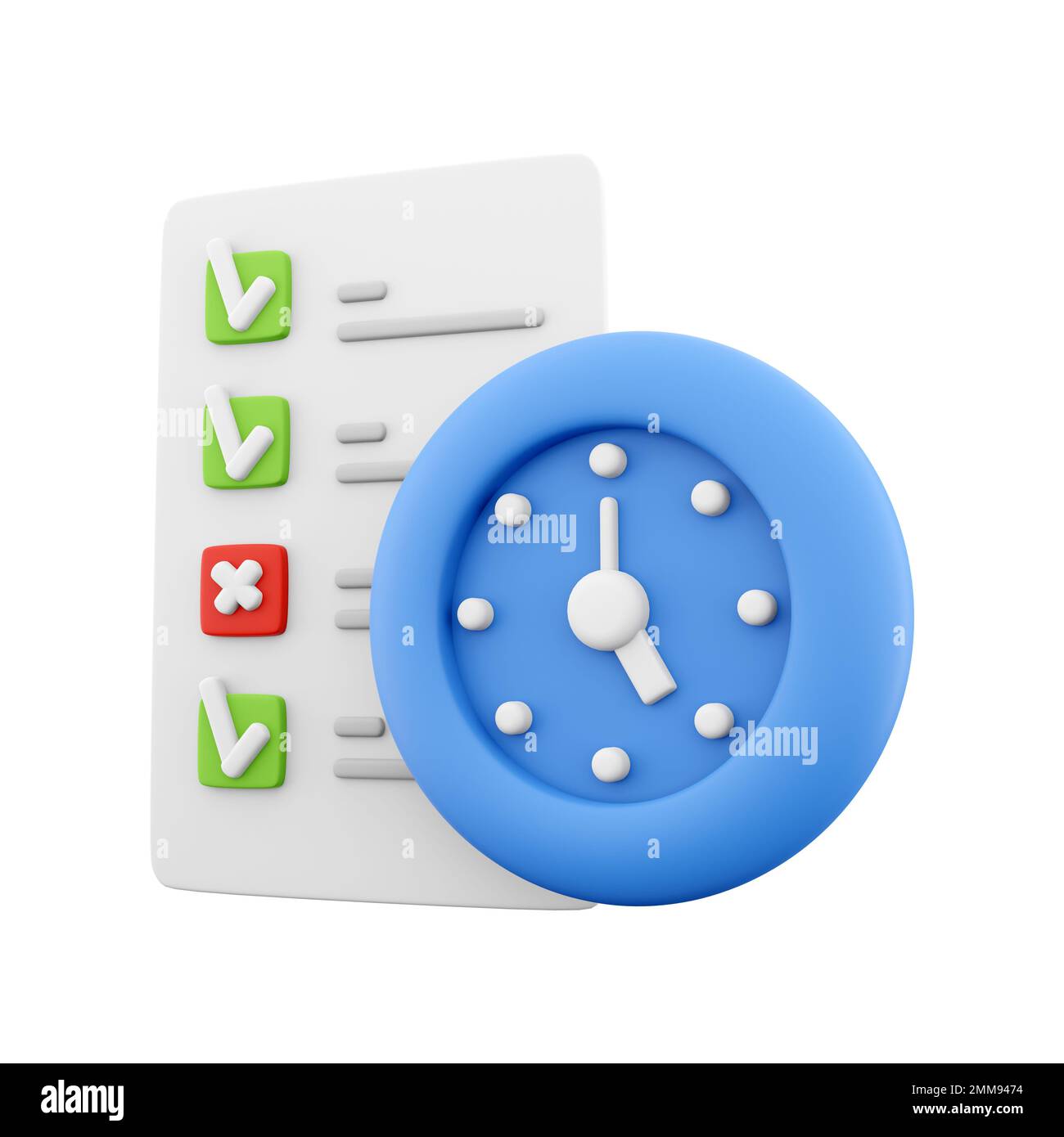 3d rendering timing concept with clock and check list on clipboard icon ...