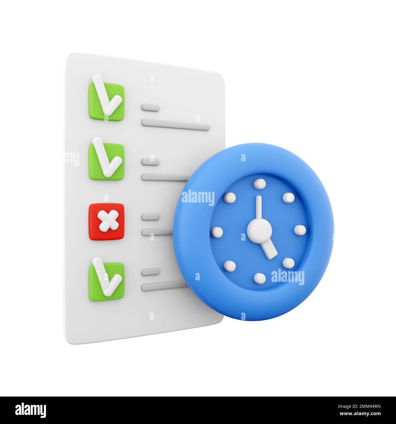 3d rendering timing concept with clock and check list on clipboard icon ...