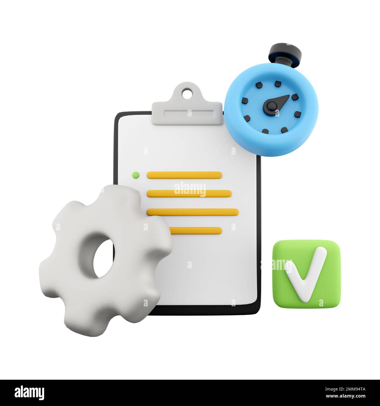 3d rendering clipboard with alarm clock and gear icon. 3d render timer ...