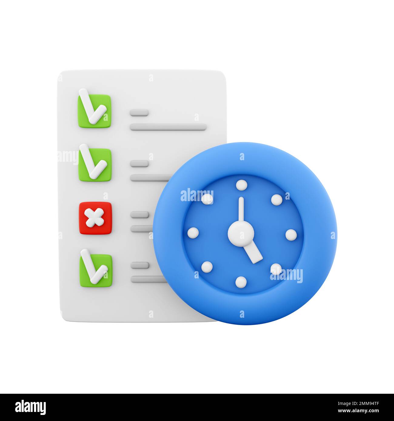 3d rendering timing concept with clock and check list on clipboard icon ...