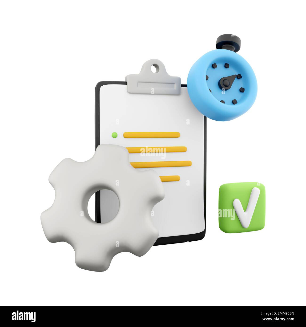 3d rendering clipboard with alarm clock and gear icon. 3d render timer ...